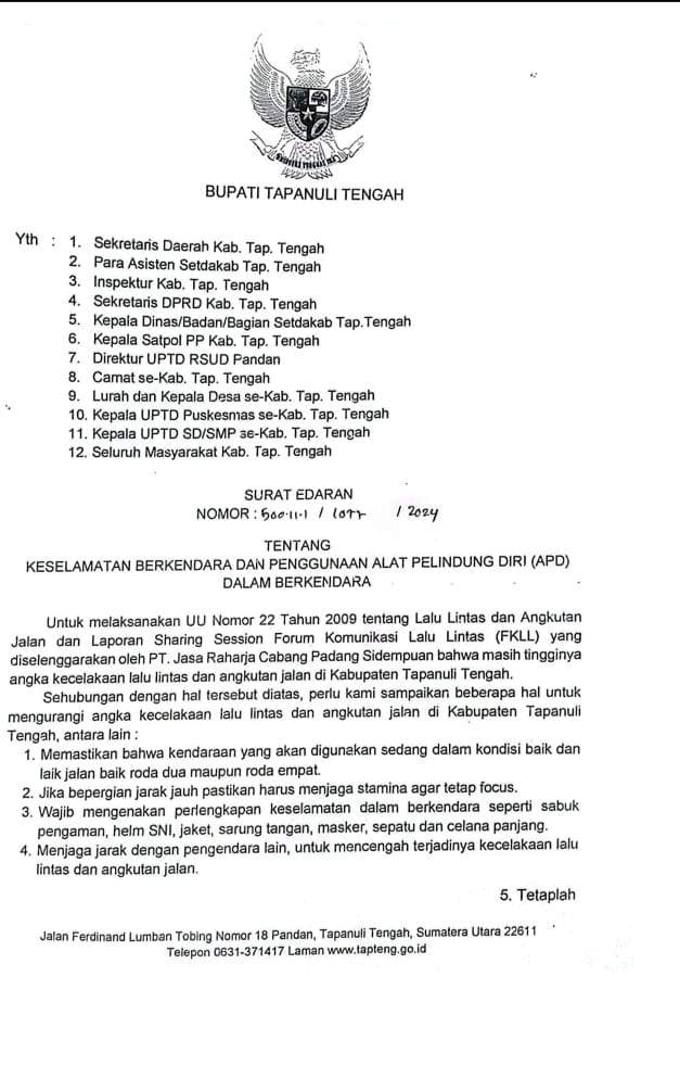Surat Edaran Bupati Tapanuli Tengah Nomor 500.11.1/1077/2024 Tanggal 25 Maret 2024 tentang ...